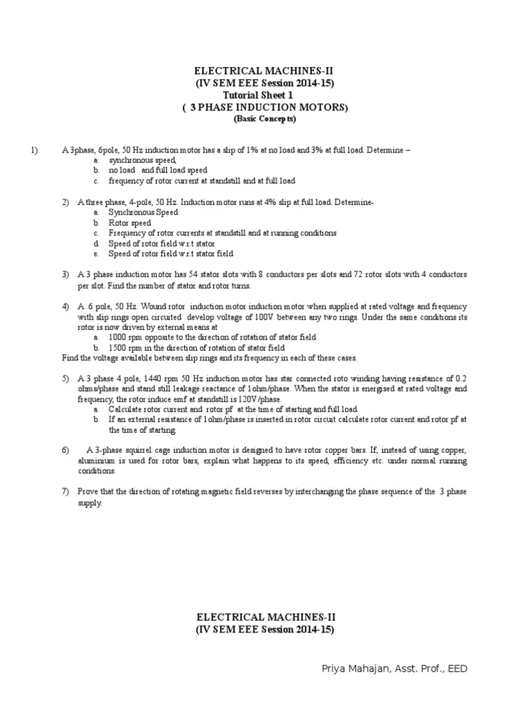 Complete Tutorial Sheets Induction Motors | PDF | Electric Motor | Machines