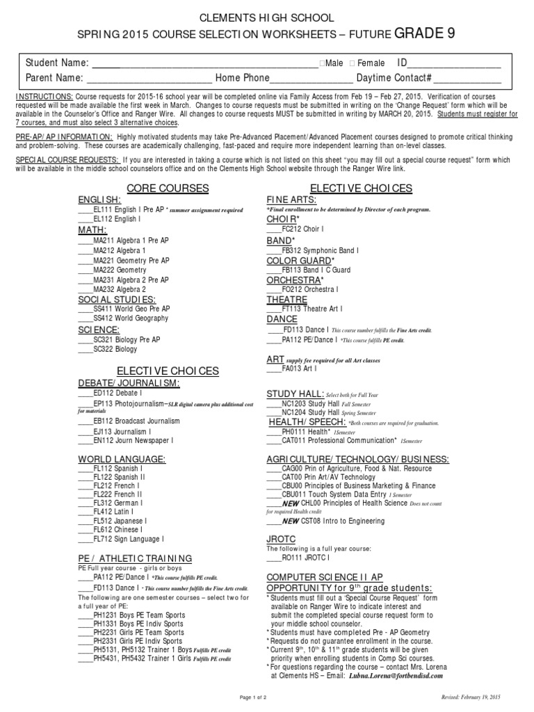 Future 9th Grade Course Selection Pdf Advanced Placement Science