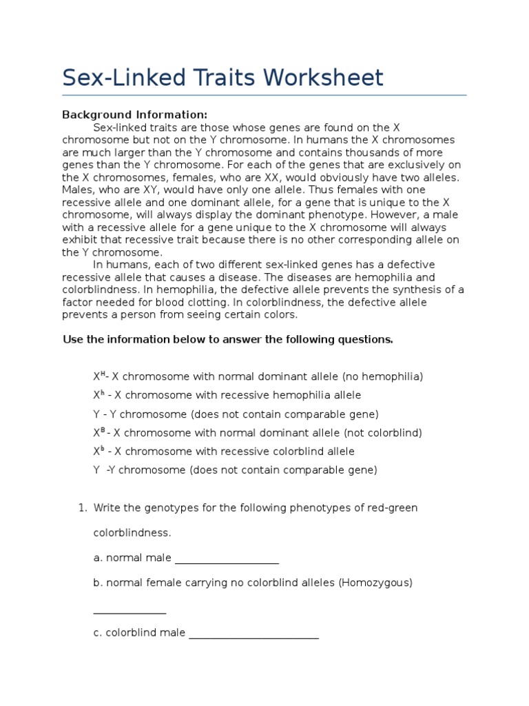 Sex-Linked Traits Worksheet Guide | PDF | Allele | Dominance (Genetics)
