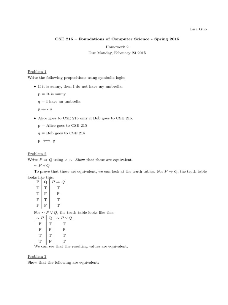 CSE 215: Homework 1 | PDF | Integer | Truth