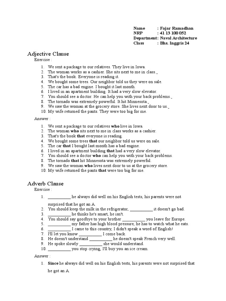 Adjective, Adverb, and Noun Clause | PDF | English Language | Adjective