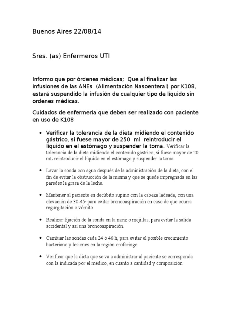 Cuidados de Enfermería con Sonda K108 | PDF | Dieta | Medicina