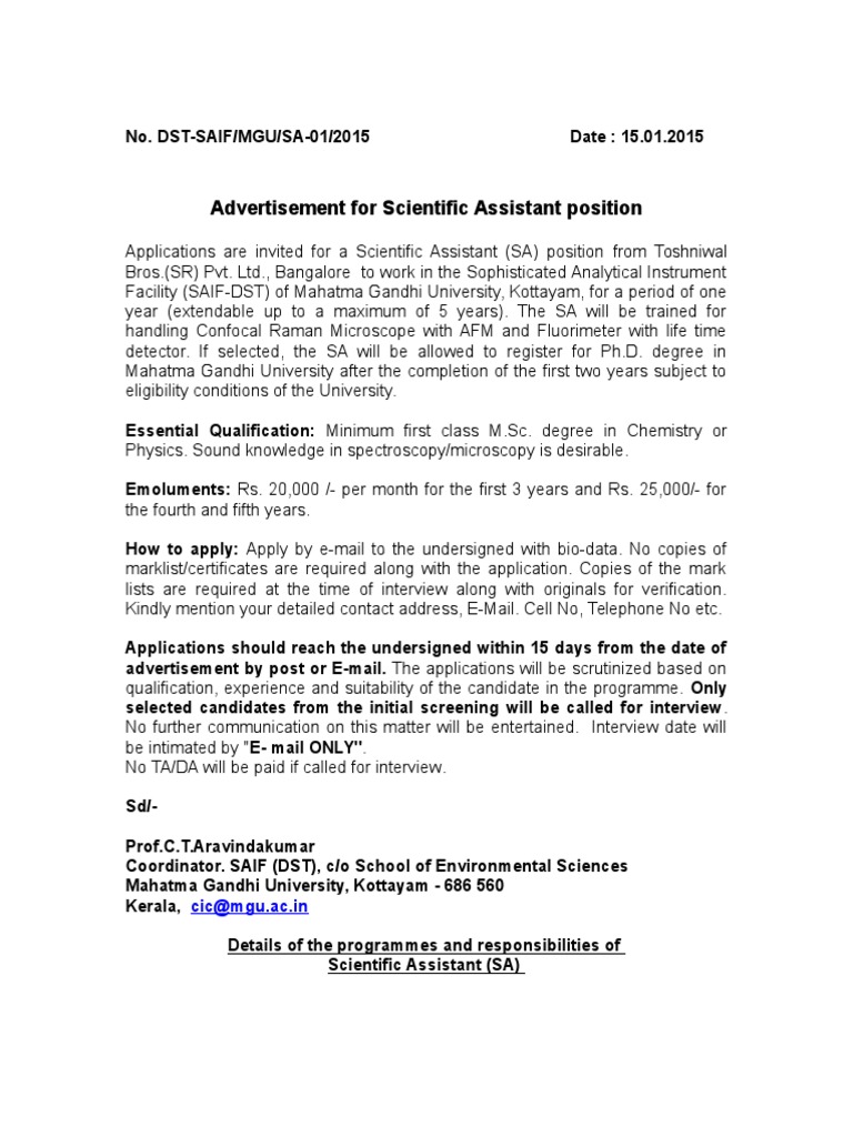 Advertisement For Scientific Assistant Position: Cic@mgu - Ac.in | PDF ...