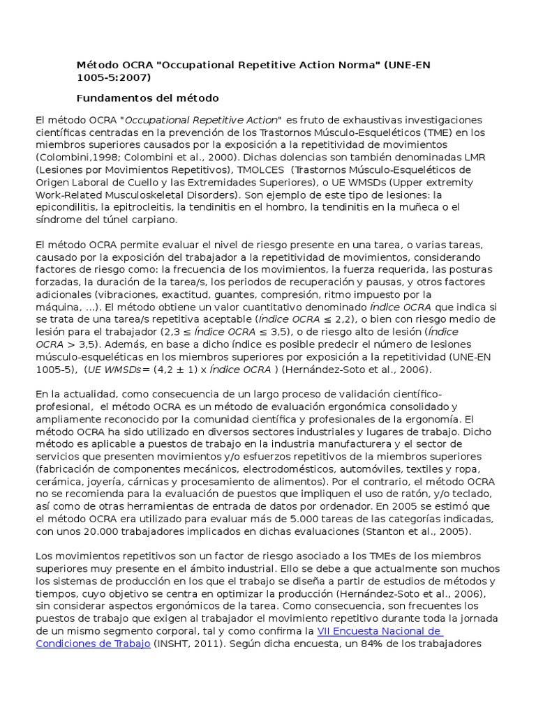 Método OCRA | PDF | Salud y bienestar | Medicina