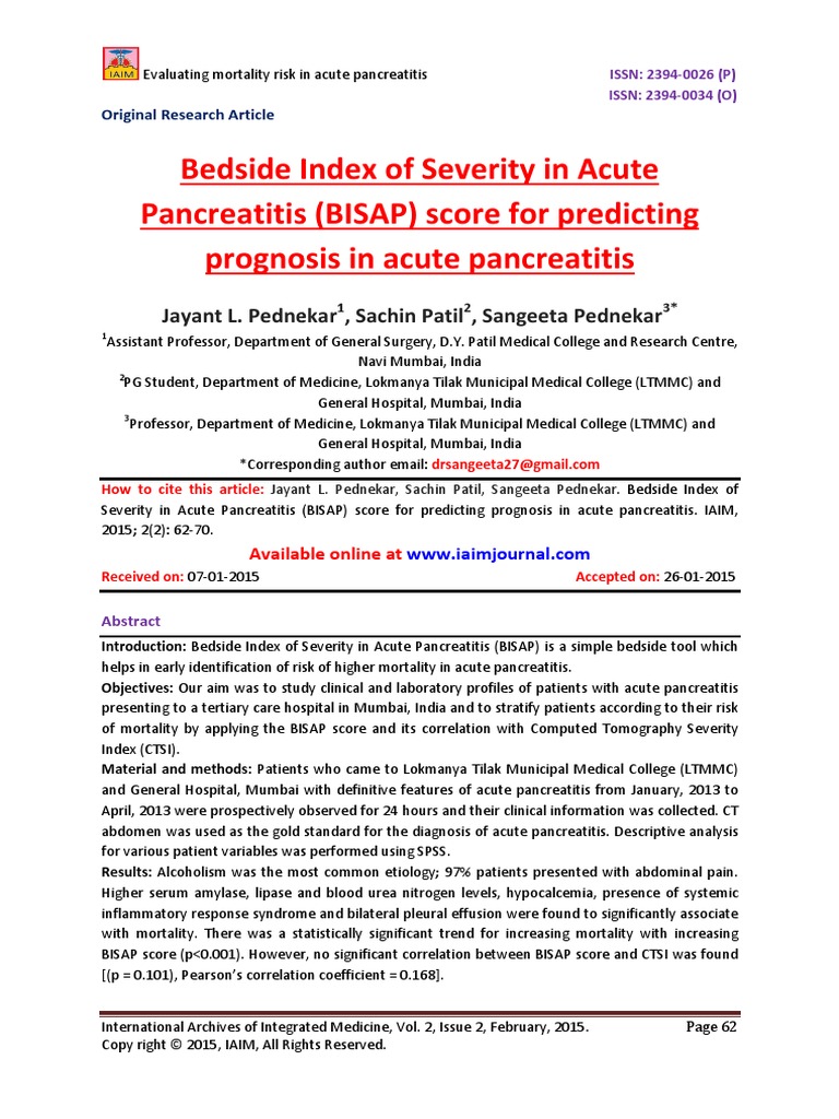 Bedside Index of Severity in Acute Pancreatitis (BISAP) Score For ...