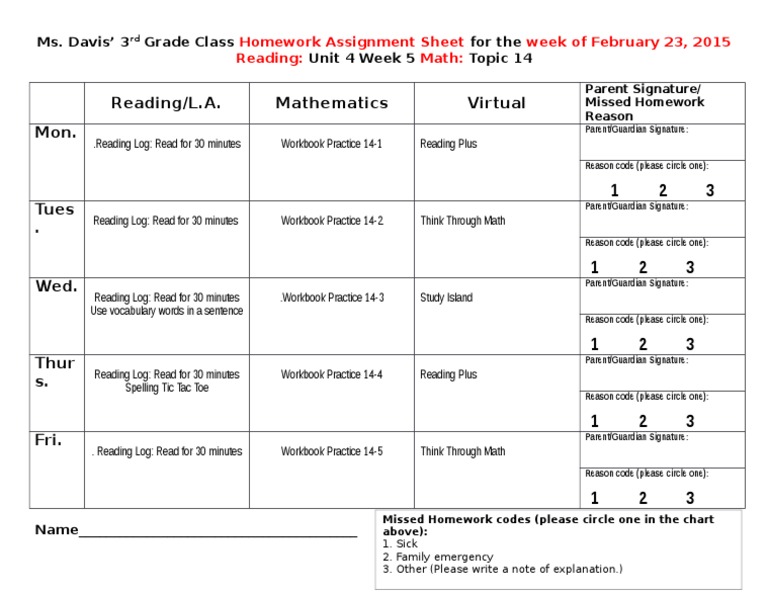 3rd Grade Homework Assignment Sheet | PDF