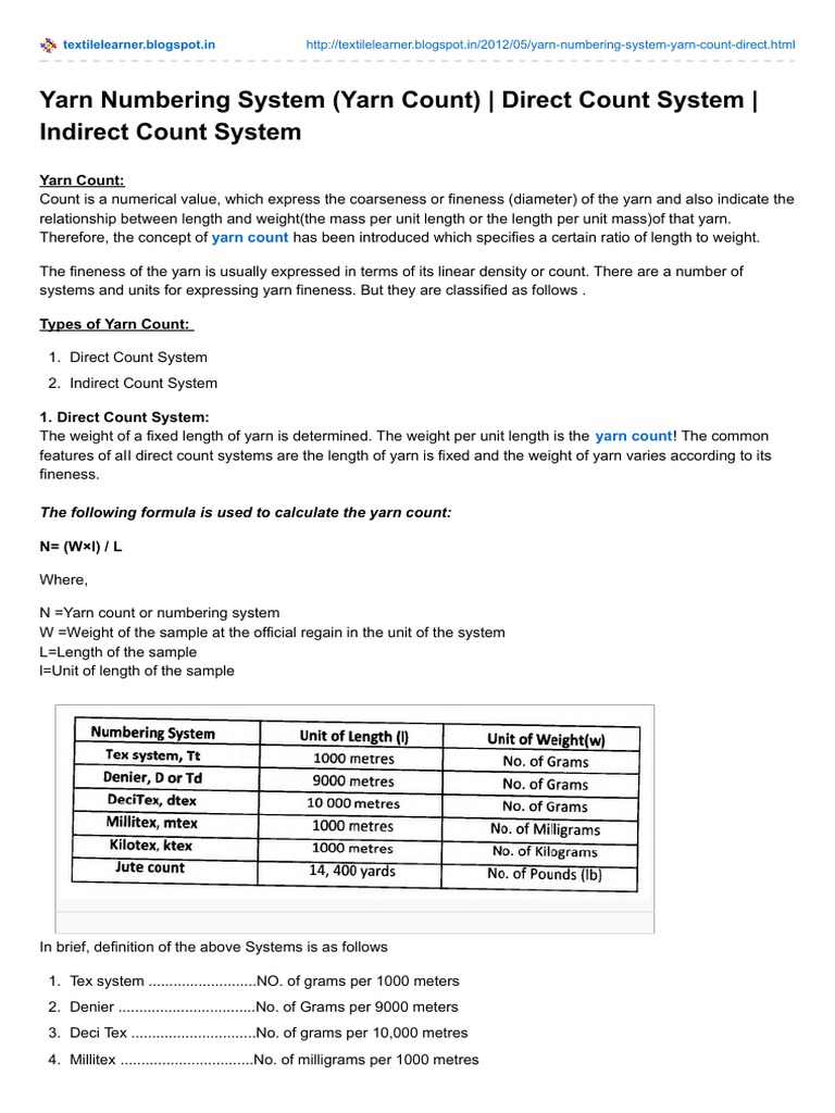 Yarn Numbering System Yarn Count Direct Count System Indirect Count ...