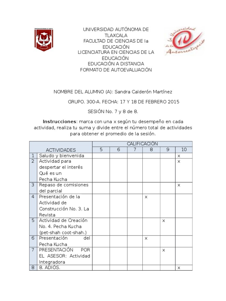 Formato de Autoevaluacion Sesion 7 y 8 de 8. Sandra Calderón | PDF