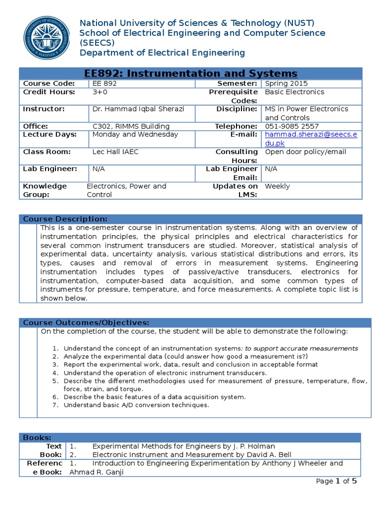 EE892 Instrumentation and Systems - Outline | PDF | Instrumentation ...