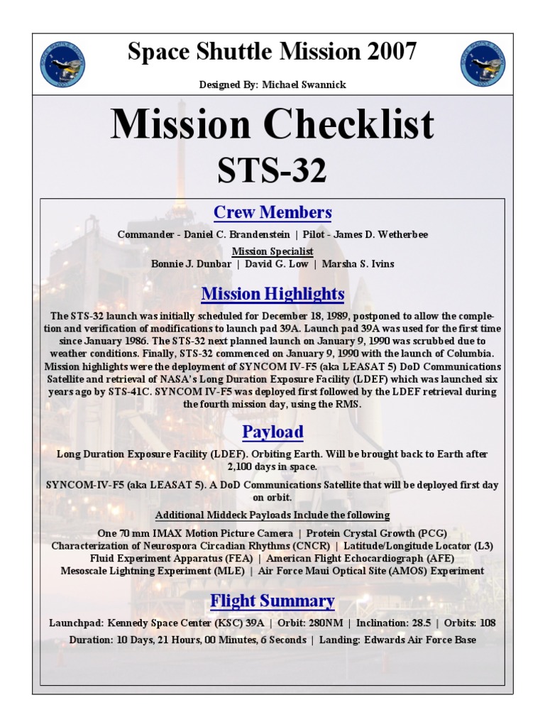 Mission Checklist | PDF | Space Shuttle External Tank | Space Shuttle ...