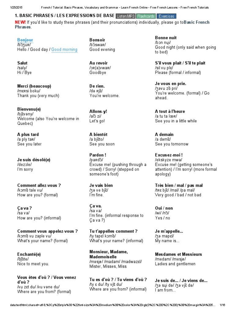 French I Tutorial - Basic Phrases, Vocabulary and Grammar - Learn ...