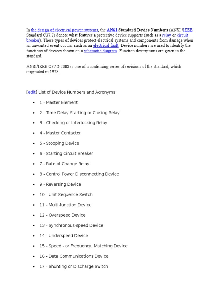 Device Numbers and Acronyms As Per IEEE or ANSI | PDF