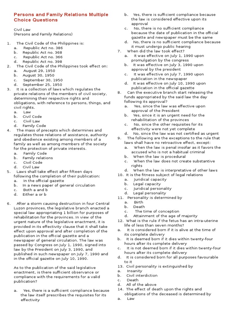 Persons and Family Relations Multiple Choice Questions | PDF | Marriage ...
