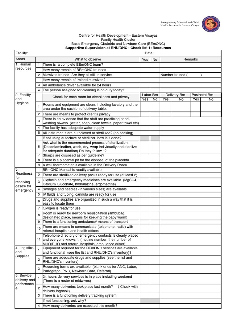 Bemonc Checklist | PDF | Midwifery | Infants