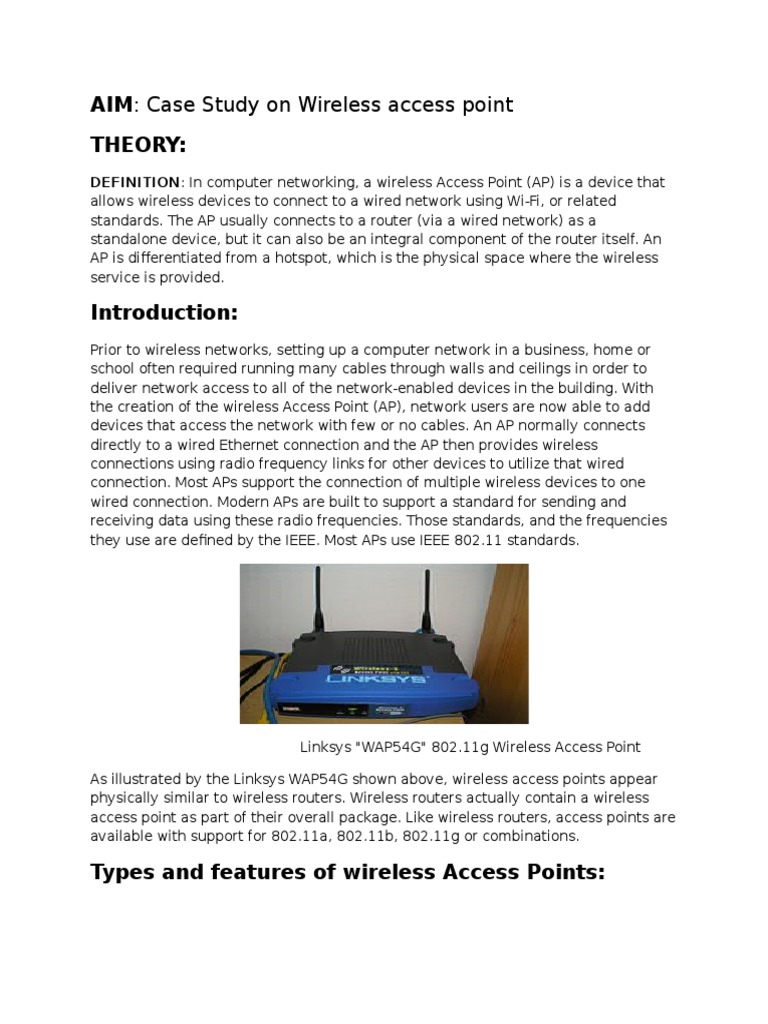 AIM: Case Study On Wireless Access Point Theory | PDF | Wireless Access Point | Computer Network