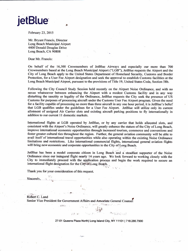 JetBlue Letter To City of Long Beach Re Customs Facility | PDF ...