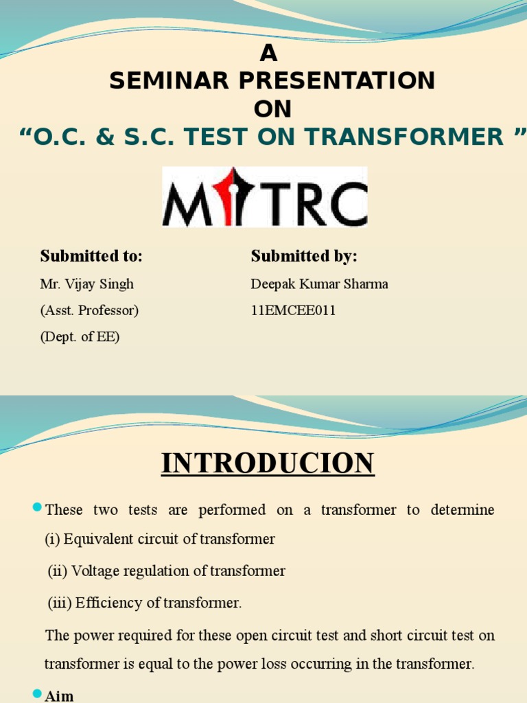 OC & SC Transformer Tests Seminar | PDF | Transformer | Force