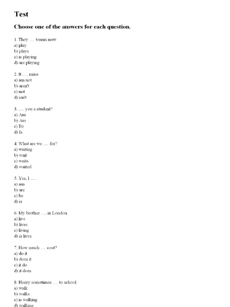Active Grammar Level1 Elementary The Present Tests | PDF