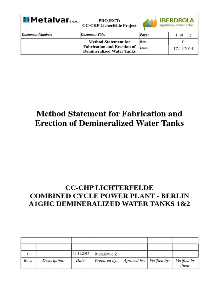 Method Statement For Fabrication and Erection of Demineralized Water ...
