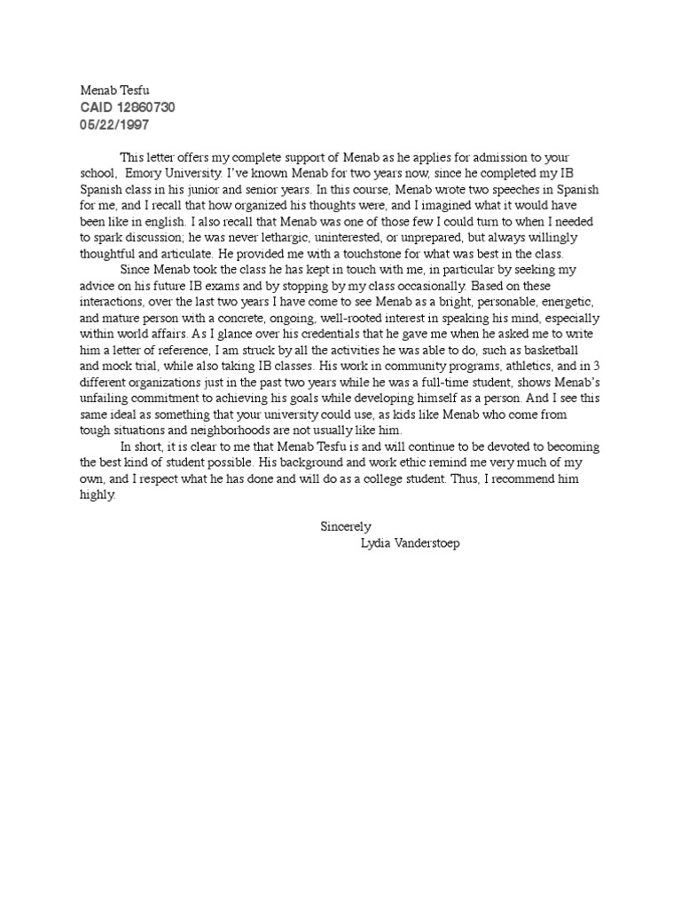 Recommendation for Menab Tesfu | PDF | Social Science | Language Arts ...