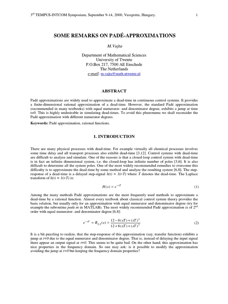 Pade Approximation Pdf Fraction Mathematics Control Theory