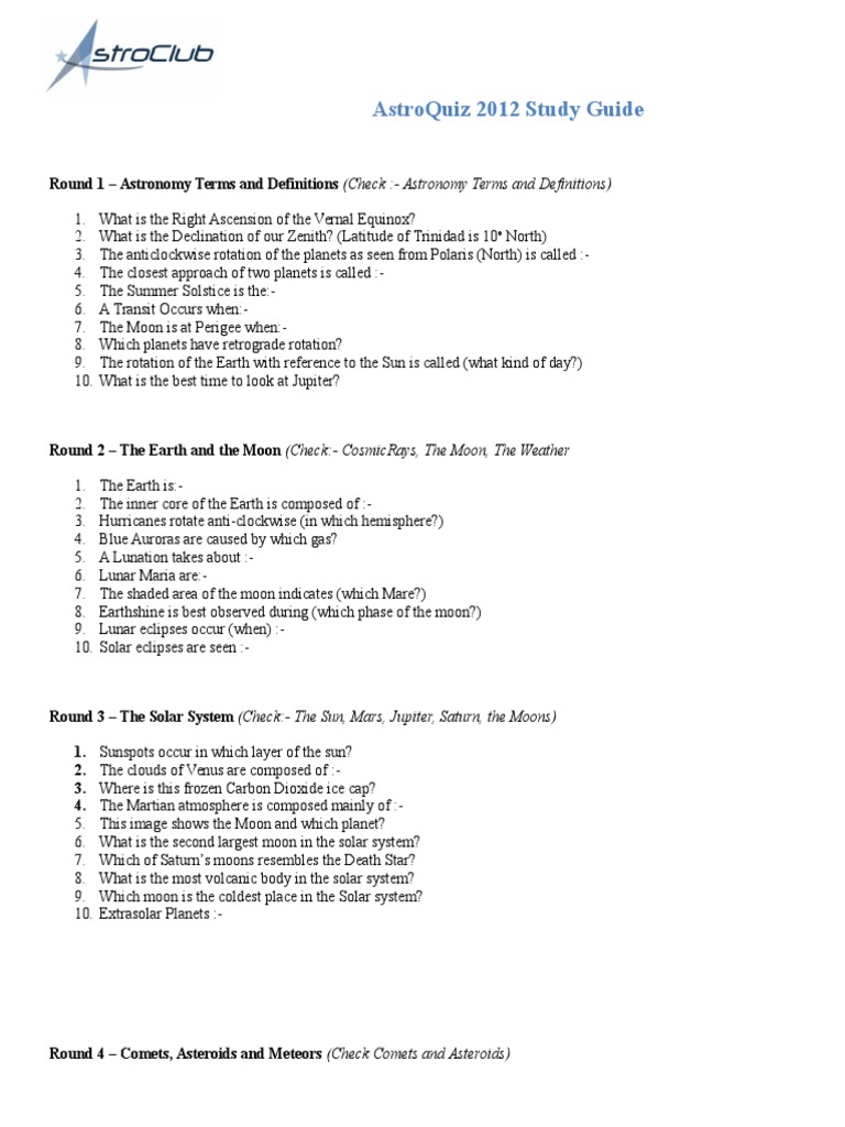 Astronomy Quiz Study Guide 2012 | PDF | Comet | Moon