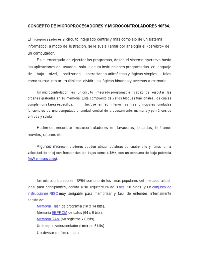 Concepto de Microprocesadores y Microcontroladores 16f84 | PDF | Microcontrolador | Microprocesador