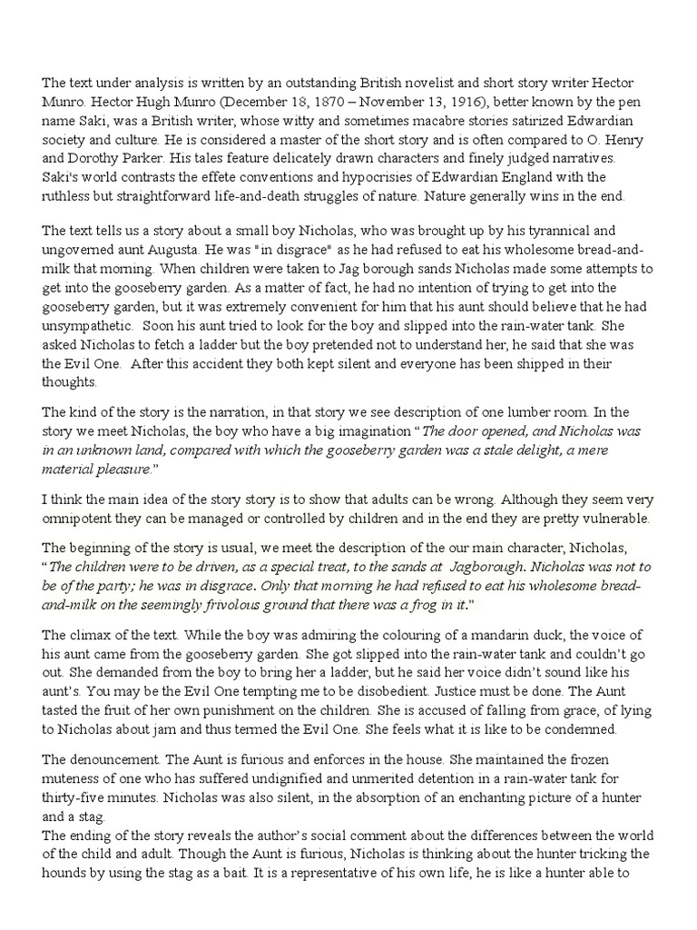 Analysis of Saki's "The Lumber Room" | PDF | Saki | Narration