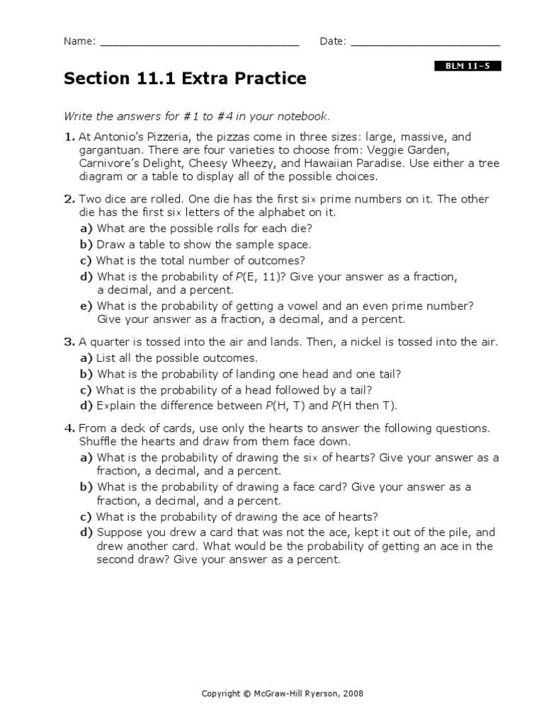 Section 11.1 Extra Practice: Write The Answers For #1 To #4 in Your ...