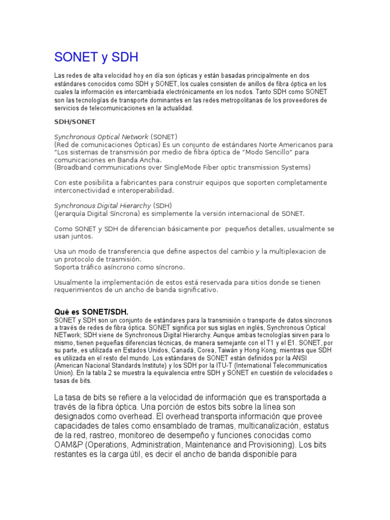 SONET y SDH | PDF | Protocolos de red | Electrónica