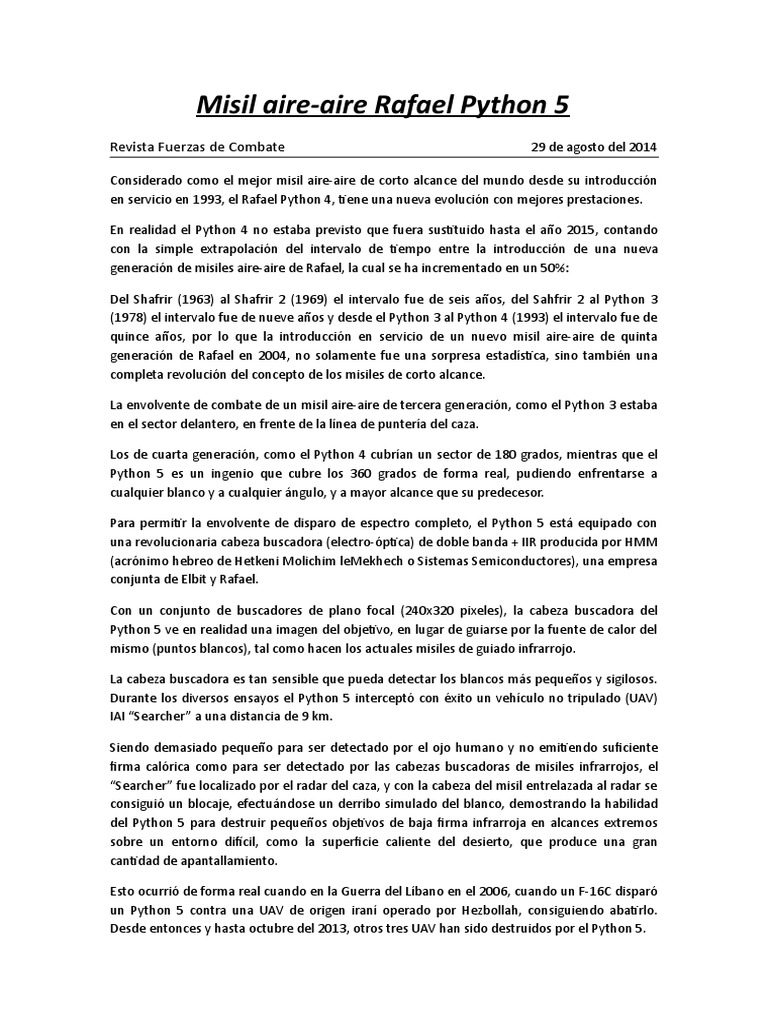 Misil Aire-Aire Rafael Python 5 | PDF | Avión de combate | Misil