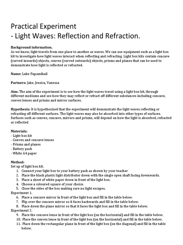 Light Reflection & Refraction Experiment | PDF | Lens (Optics) | Prism