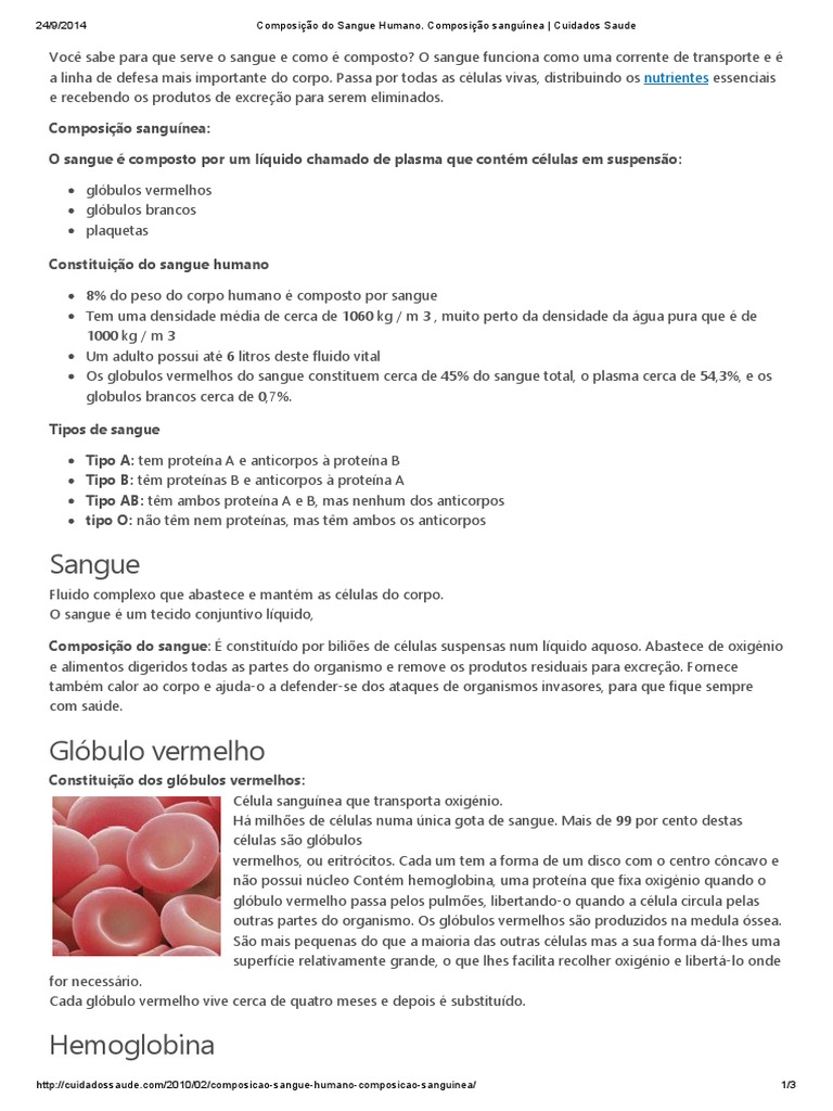Composição Do Sangue Humano | PDF | Plasma sanguíneo | Sangue