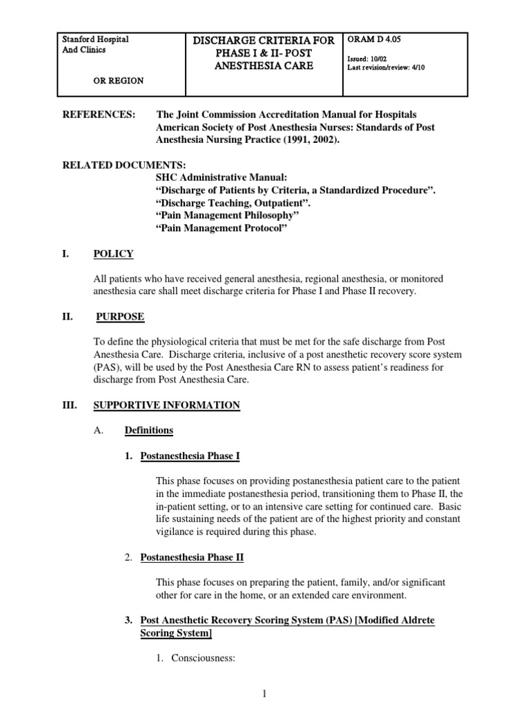 Discharge Criteria for Phase I and II Post Anesthesia Care D 4 05 .pdf ...