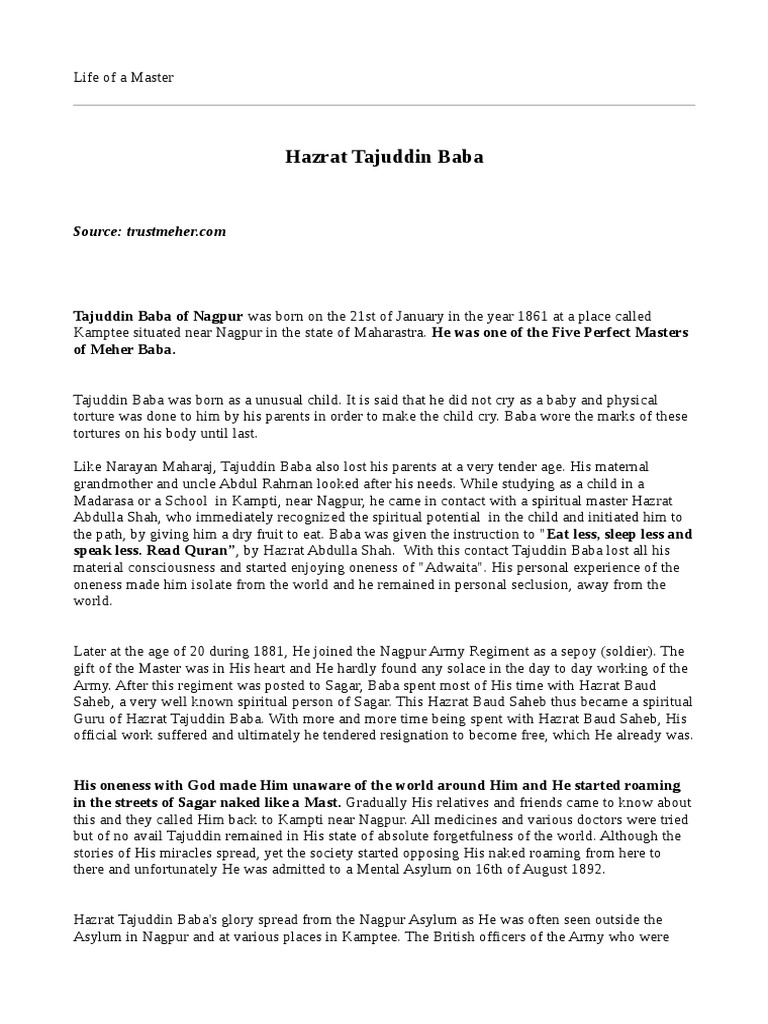 Hazrat Tajuddin Baba | PDF | Religious Belief And Doctrine | Religious ...