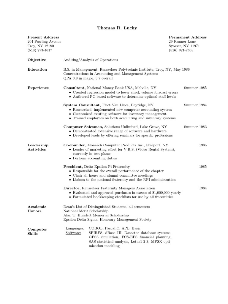 Thomas R. Lucky: Operations Auditor Resume | PDF