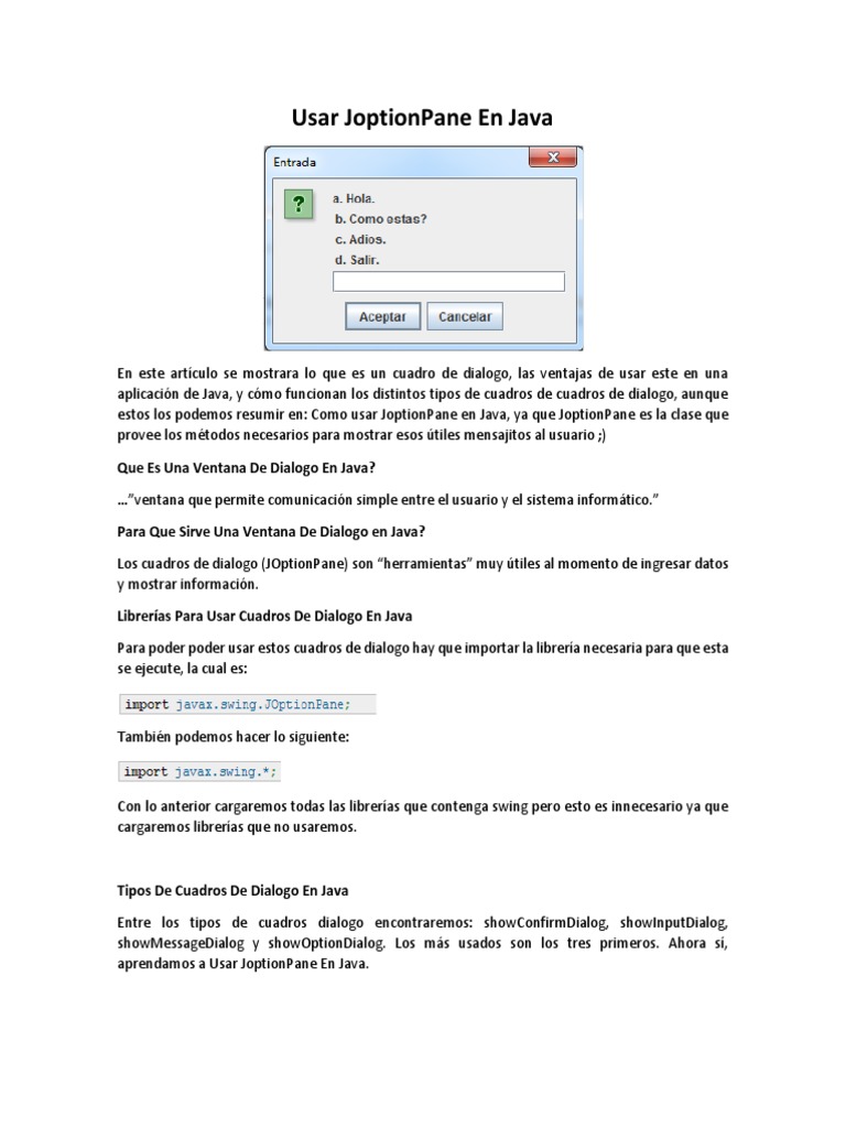 JOptionPane en Java | PDF | Java (lenguaje de programación) | Ventana ...