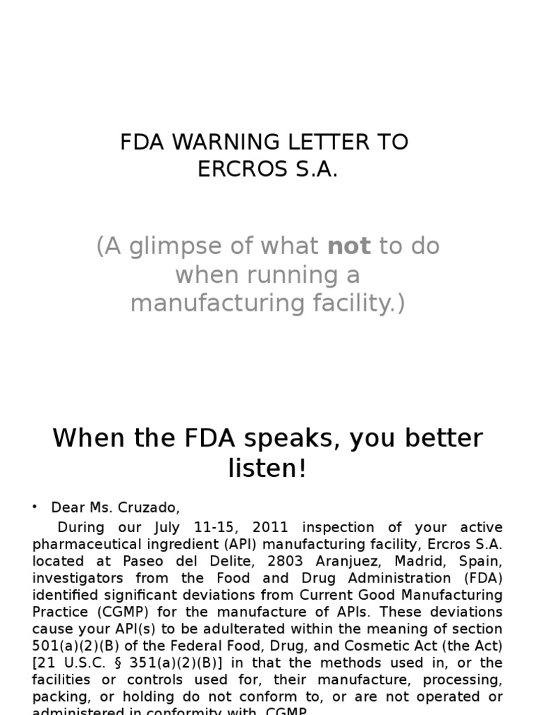 FDA Warning Letter to Ercros S.A. | PDF | Verification And Validation ...
