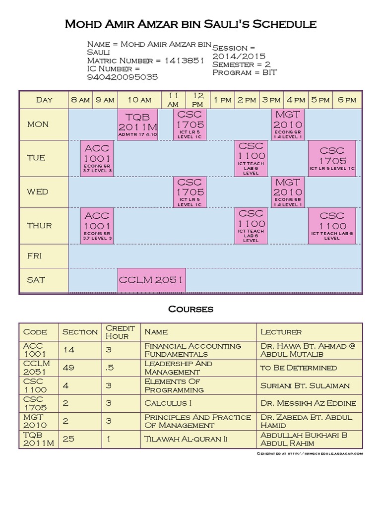 Amir Amzar's 2014/2015 Schedule | PDF