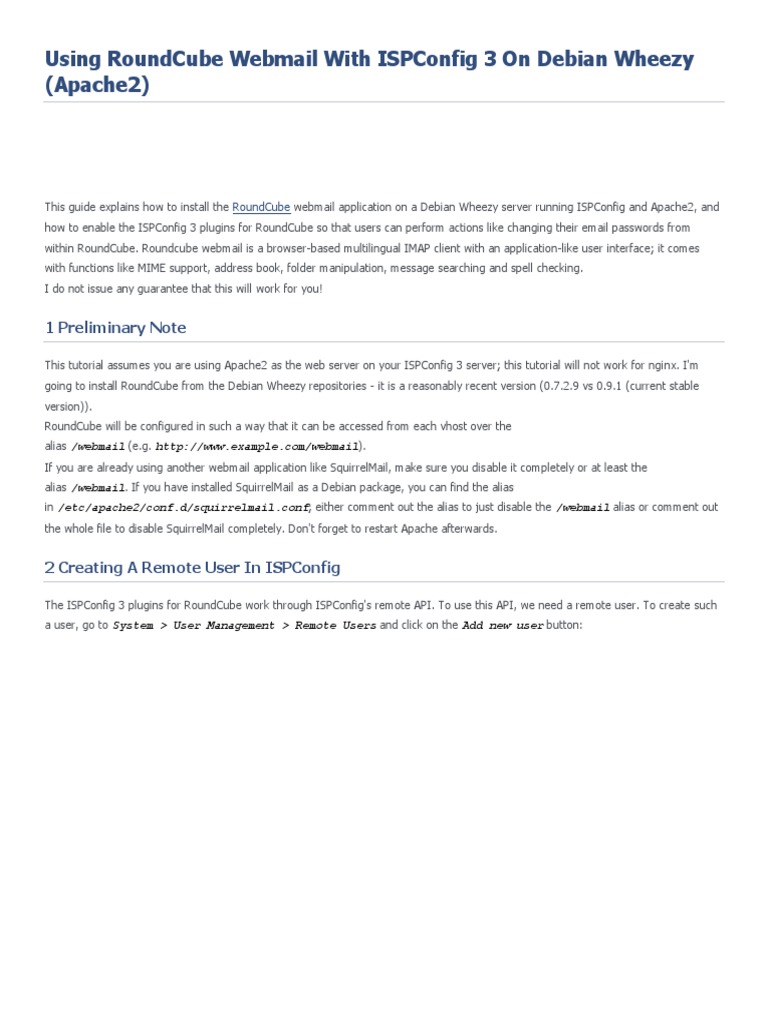 Using RoundCube Webmail With ISPConfig 3 On Debian Wheezy | PDF | Email | Digital Technology
