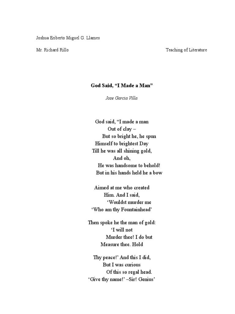 God Said, "I Made A Man": Joshua Eriberto Miguel G. Llames Mr. Richard ...