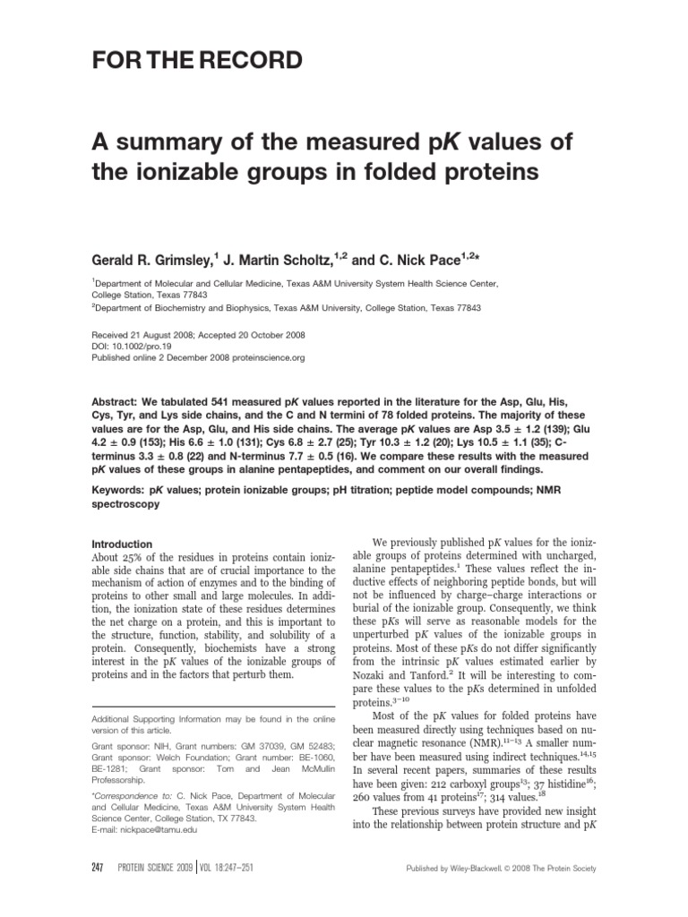 PKa Values Folded Proteins | PDF | Acid Dissociation Constant | Cysteine