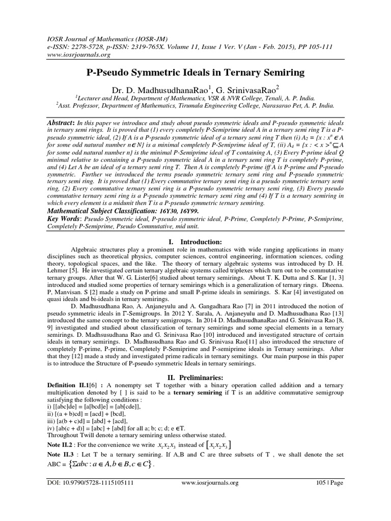 P-Pseudo Symmetric Ideals in Ternary Semiring | PDF | Algebraic Structures | Universal Algebra