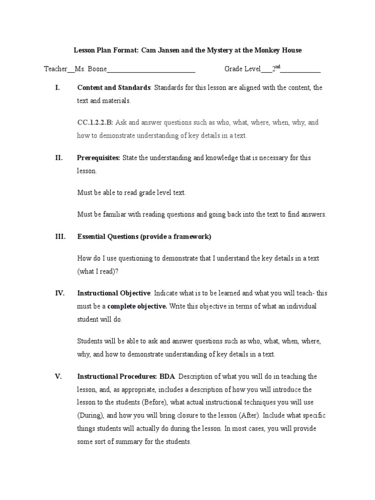 Lesson Plan: Cam Jansen Mystery | PDF | Lesson Plan | Behavior Modification