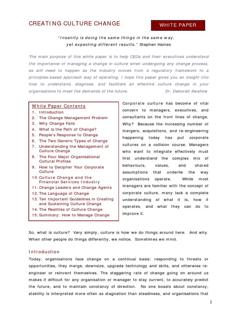 White - Paper - Creating Culture Change | PDF | Organizational Culture ...