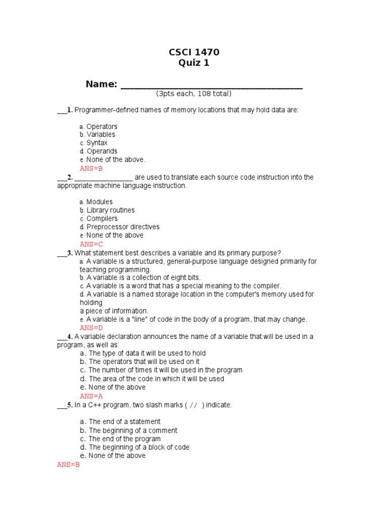 CSCI 1470 Quiz1 Key | PDF | Variable (Computer Science) | C++