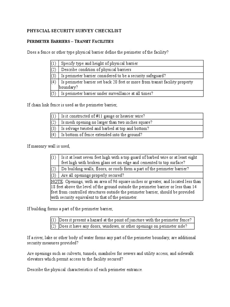 Physcial Security Survey Checklist P B - T F: Erimeter Arriers Ransit ...
