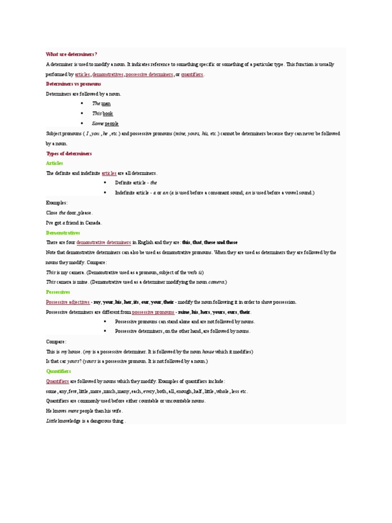 Articles Demonstratives Possessive Determiners Quantifiers | PDF | Noun ...