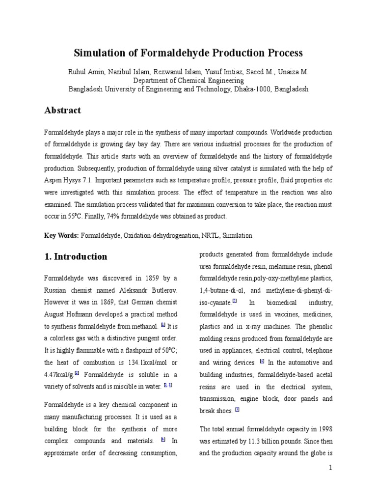 Simulation of Formaldehyde Production Process | PDF | Formaldehyde ...