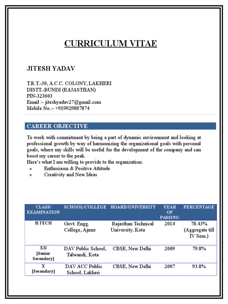 A Well-Rounded Resume: Jitesh Yadav's Career Objectives, Academic ...